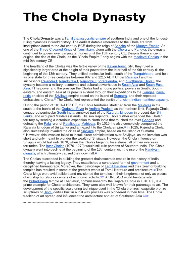 The Chola Dynasty | PDF | South Asia