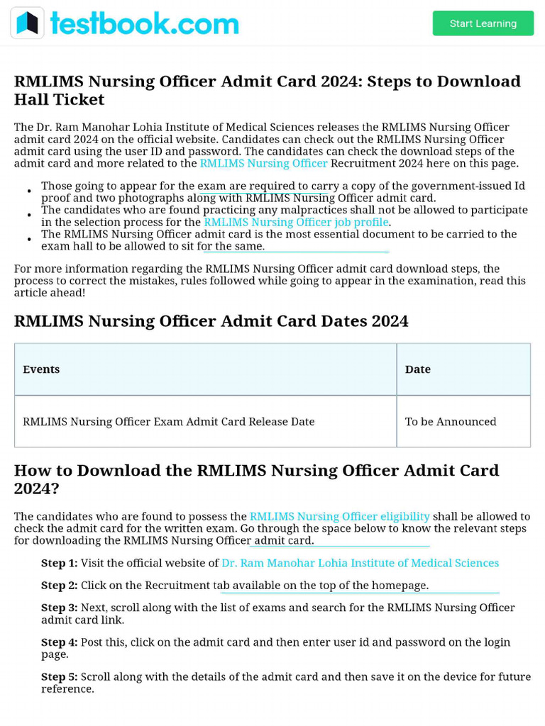 RMLIMS Nursing Officer Admit Card 2024 - Steps To Download Hall Ticket ...