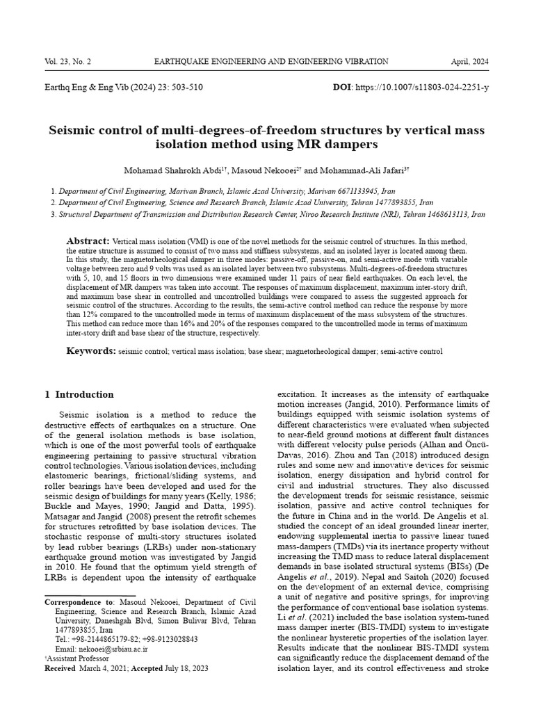 Seismic Control with MR Dampers | PDF | Earthquake Engineering | Solid ...