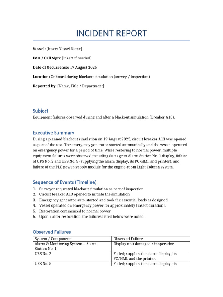 Incident Report Blackout Simulation Breaker A13 2025-08-19 | PDF ...