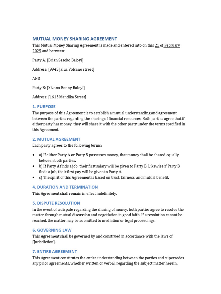 Mutual Money Sharing Agreement Template | PDF