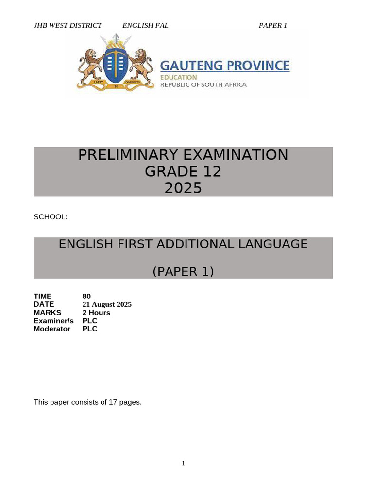 Grade 12 English FAL Prelim 2025 Paper 1 | PDF | Meal