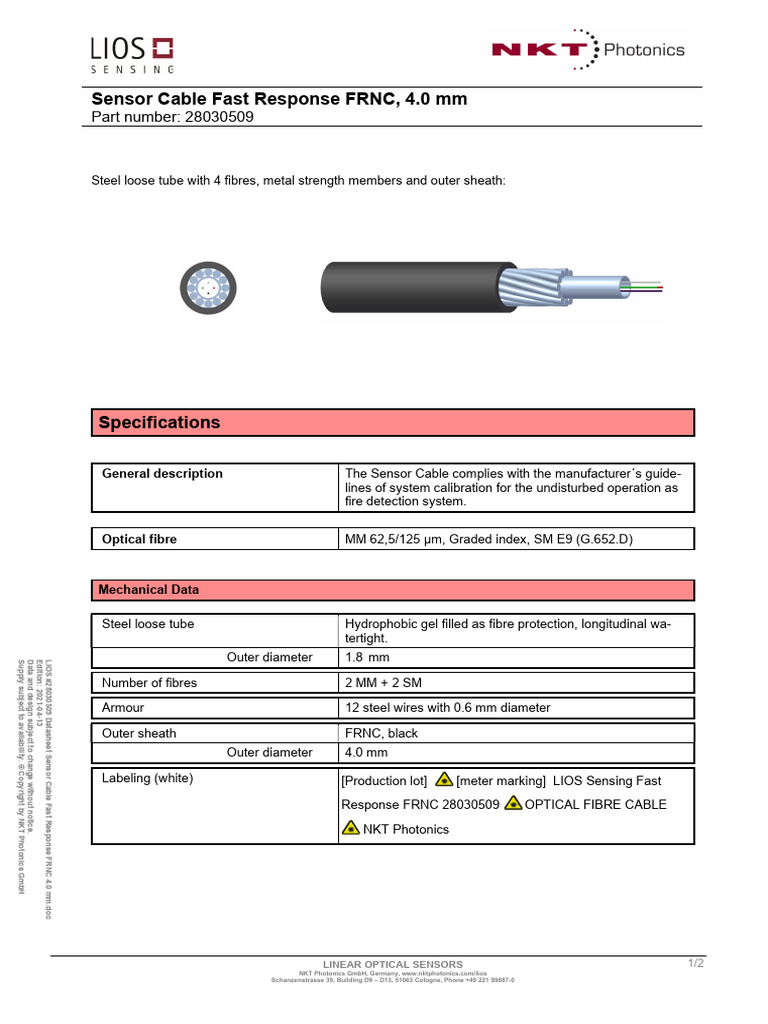 NKT Fast Response Sensor Cable Datasheet | PDF | Optical Fiber | Materials