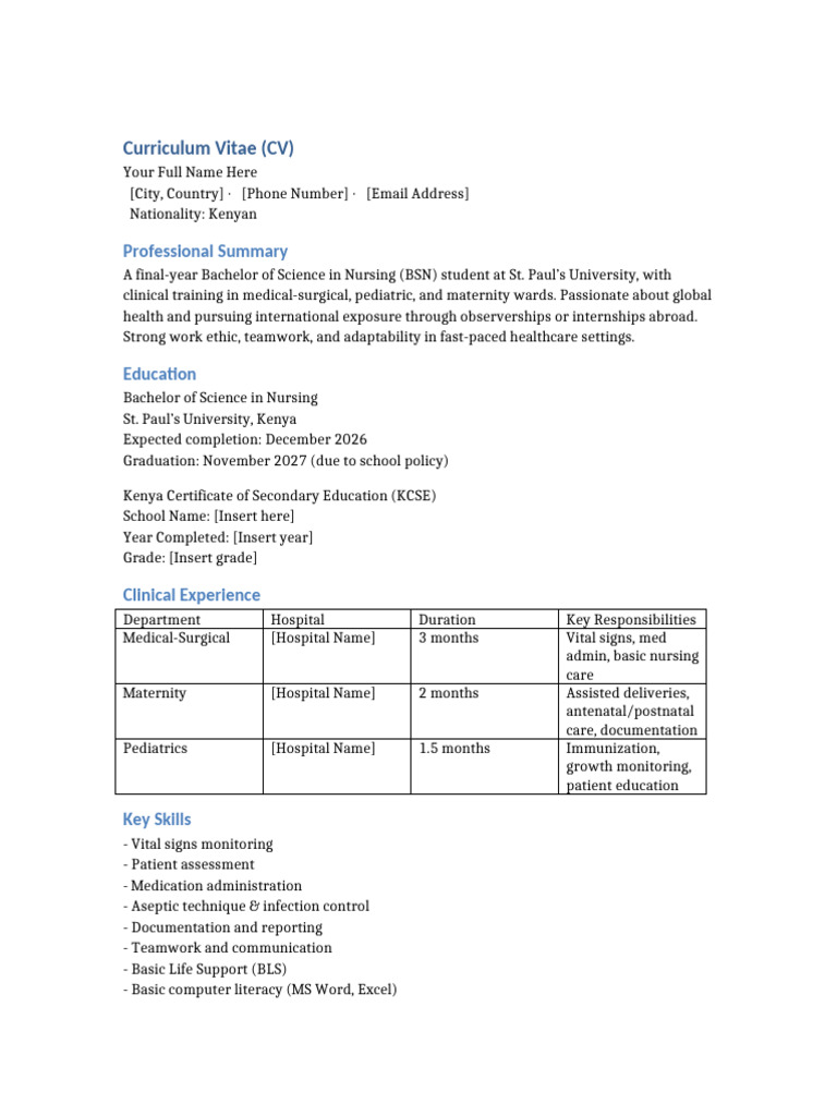 BSN Internship CV Template | PDF