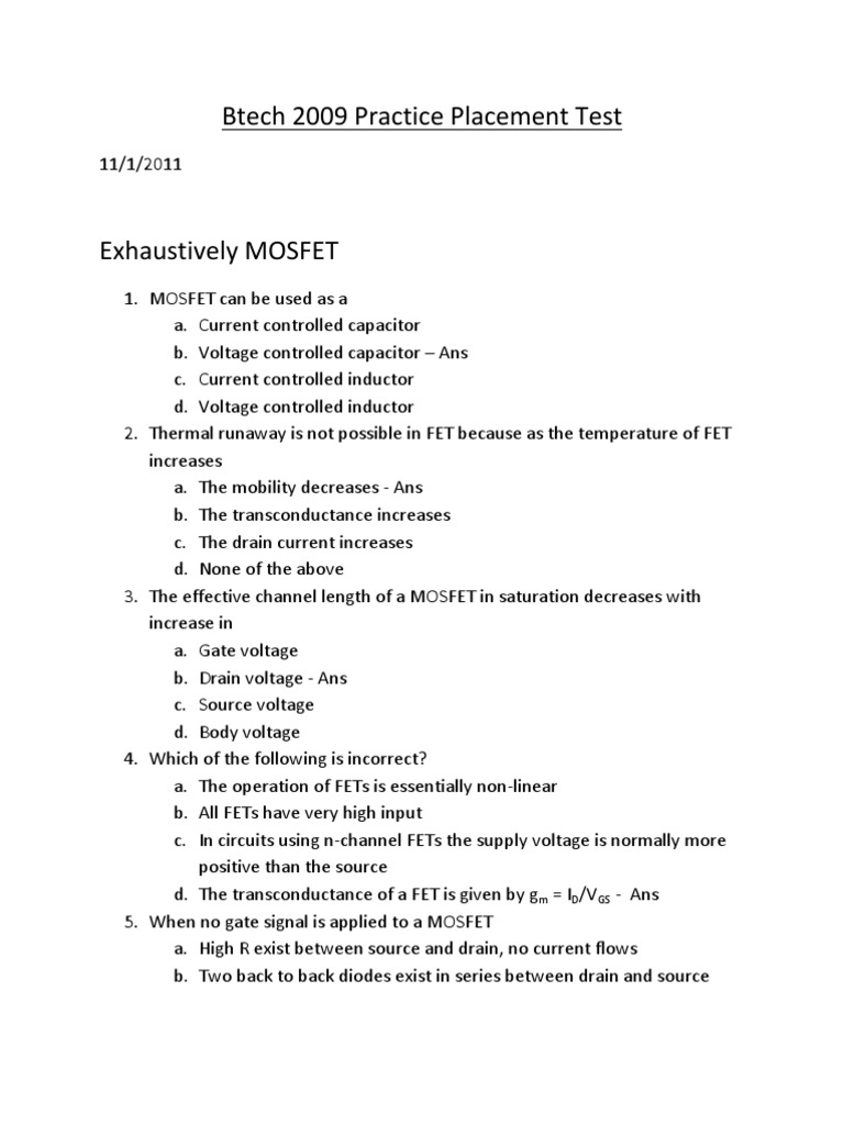Btech 2009 Practice Placement Test | PDF | Field Effect Transistor ...