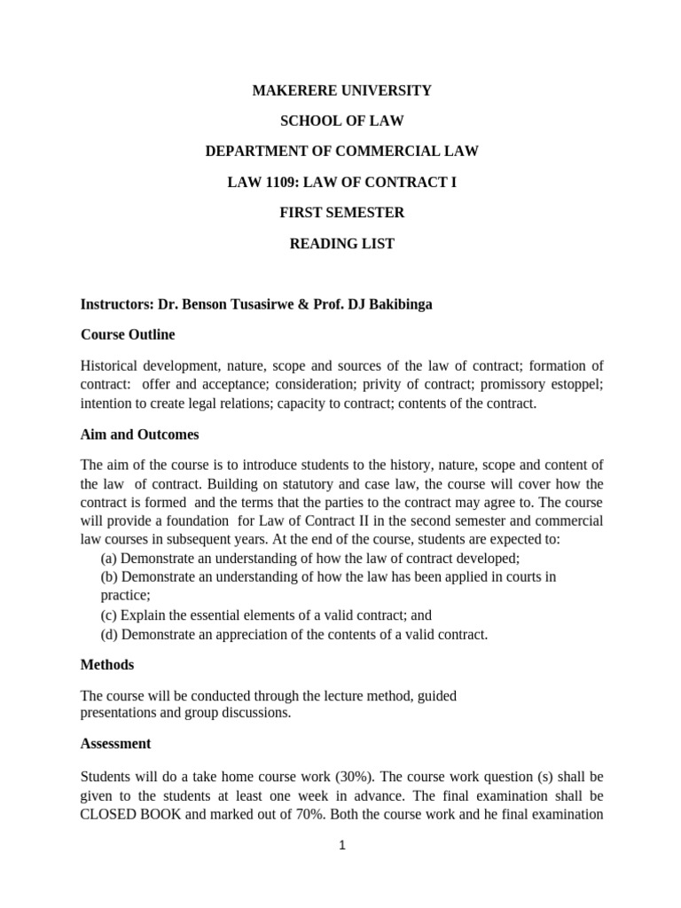 Law of Contract I Course Outline | PDF | Contract Law | Consent