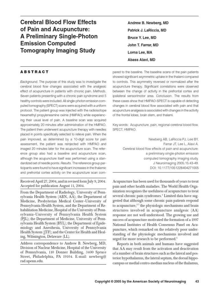 Cerebral Blood Flow in Pain and Acupuncture | PDF | Thalamus | Neuroimaging