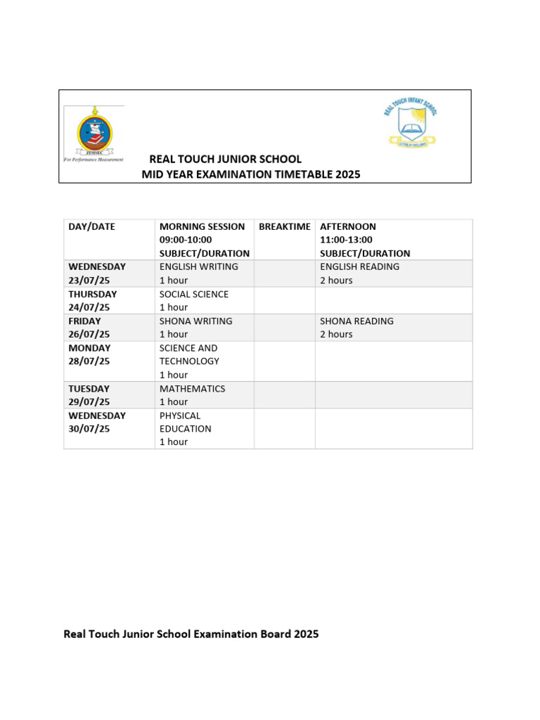Real Touch Junior School Exam Timetable 2025 | PDF