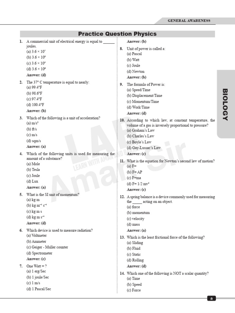Physics Practice Questions and Answers | PDF | Waves | Force