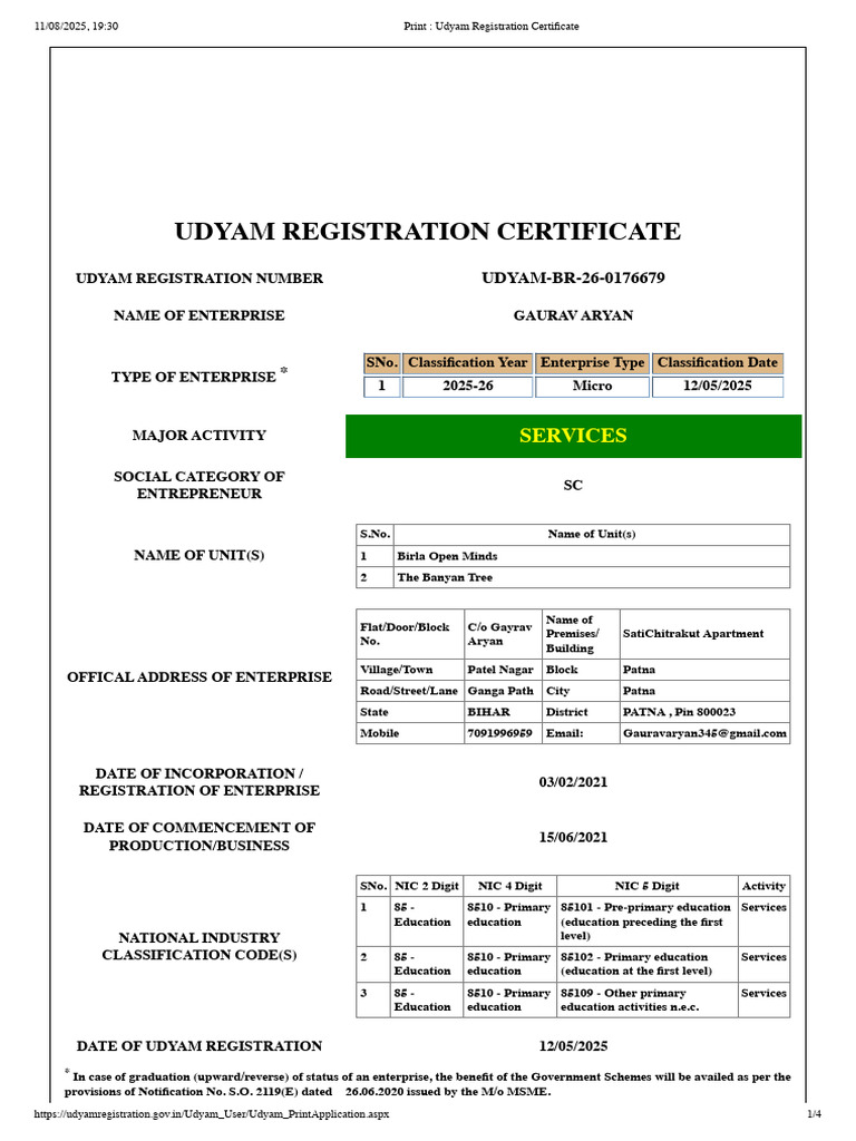 Udyam Registration Certificate for Gaurav Aryan | PDF
