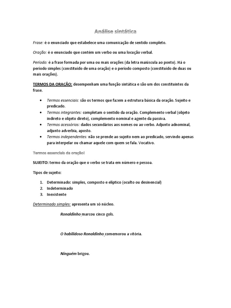 Análise sintática da oração: identificação e classificação dos termos ...