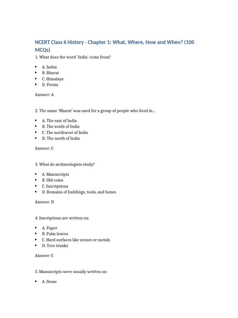 Class 6 History Chapter 1 MCQs | PDF | Archaeology | Sanskrit
