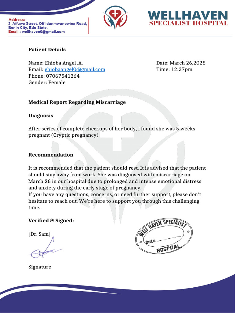 Medical Report: Miscarriage Diagnosis | PDF