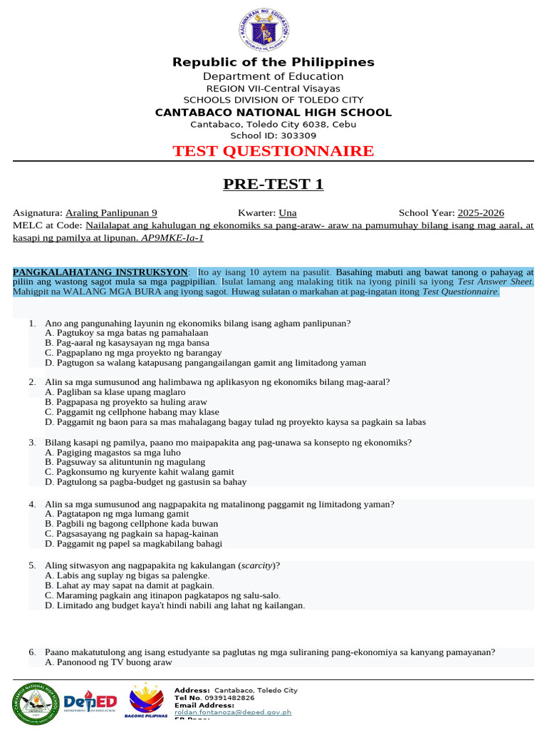 Pre-Test & Post-Test 1 - Q1 - A.P. 9 - S.Y. 2025-2026 | PDF