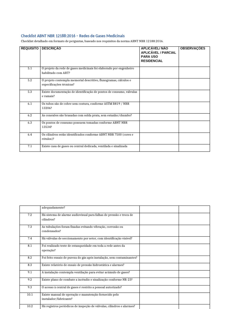 Checklist ABNT NBR 12188:2016 Gases Medicinais | PDF