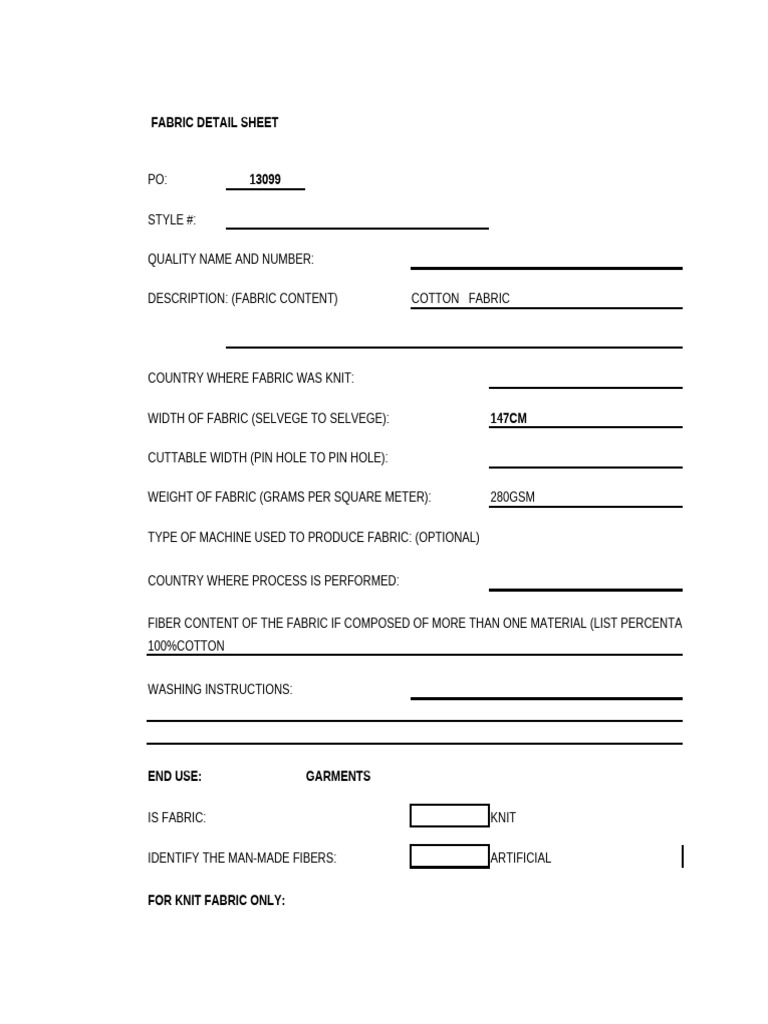 Fabric Detail Sheet Overview | PDF