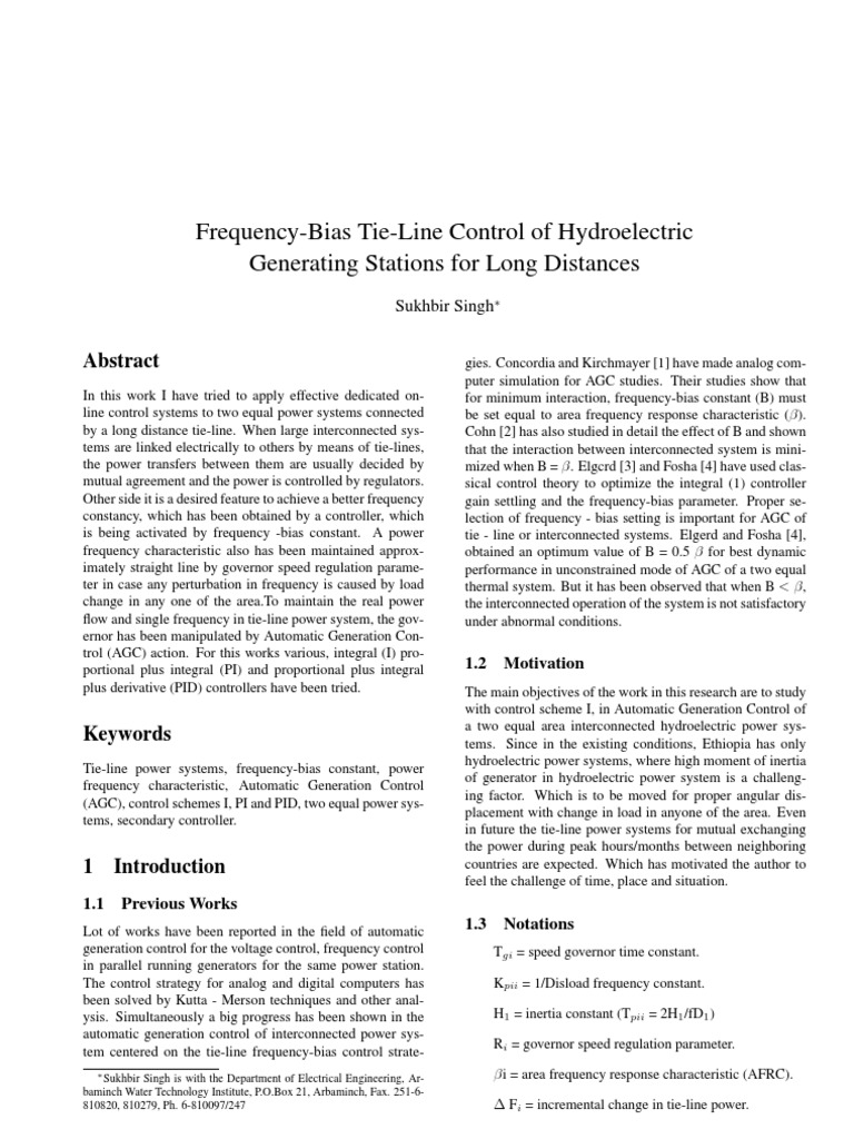 Frequency-Bias Tie-Line Control of Hydroelectric Generating Stations ...