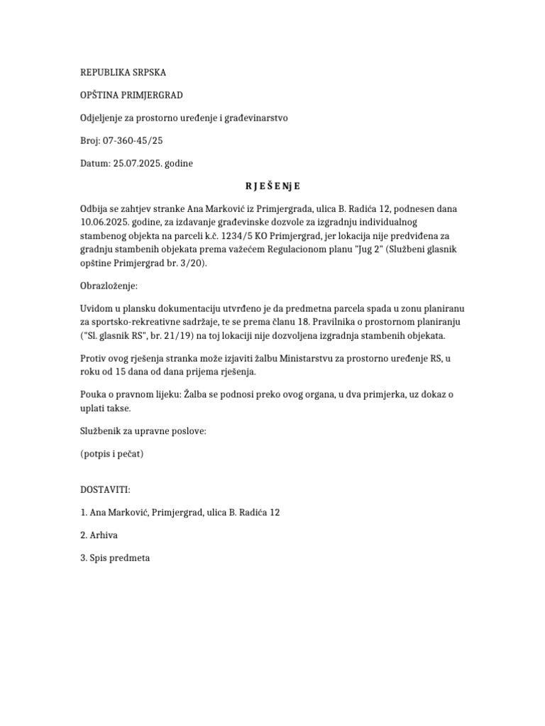 Rjesenje Građevinska Dozvola Primjer | PDF