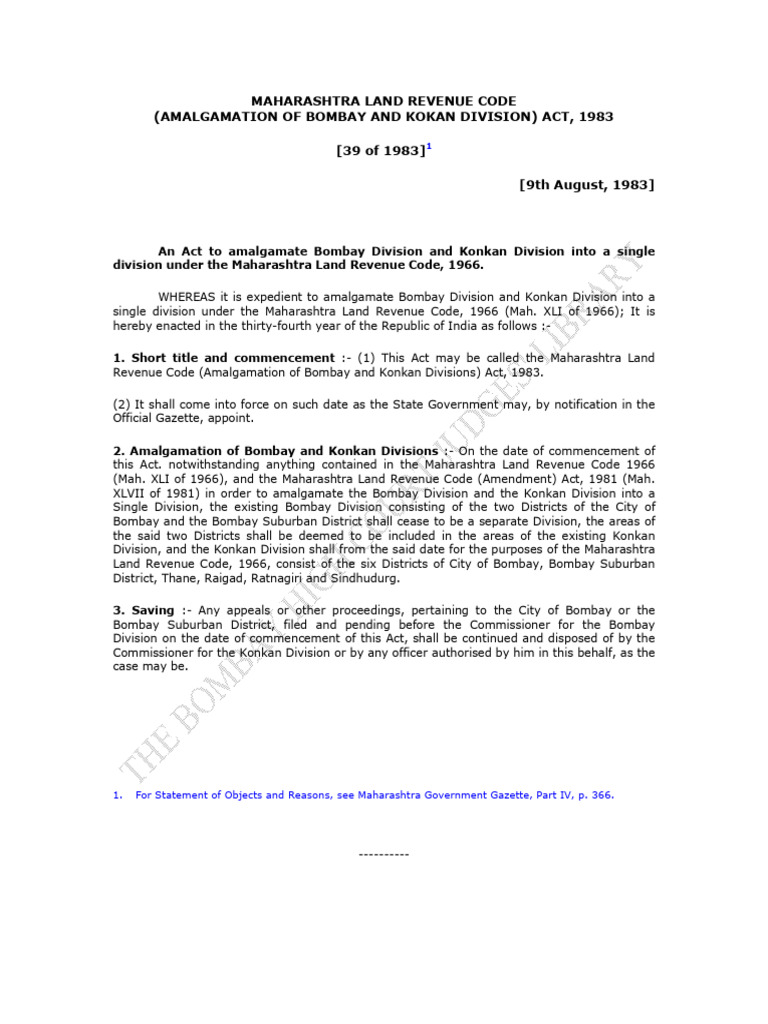 Land Revenue Code (Amalgamation of Bombay and Kokan Division) Act ...