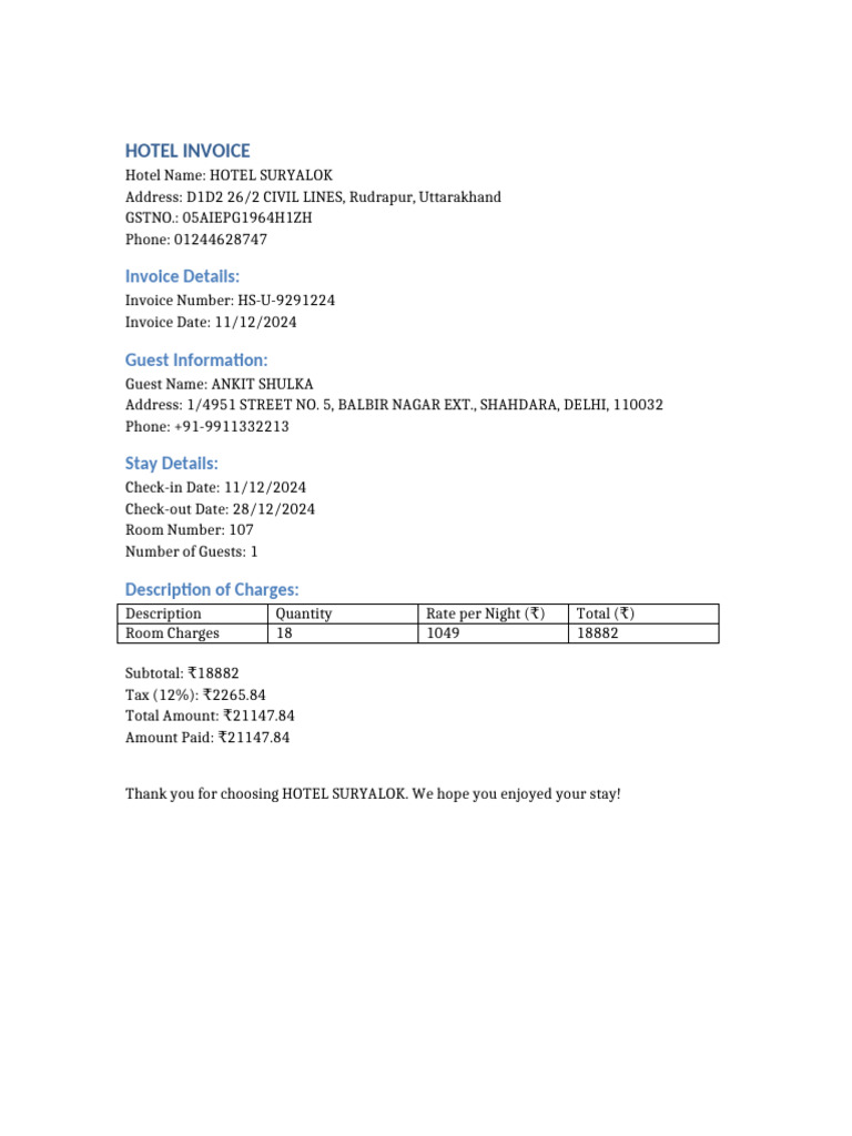 Hotel Invoice | PDF