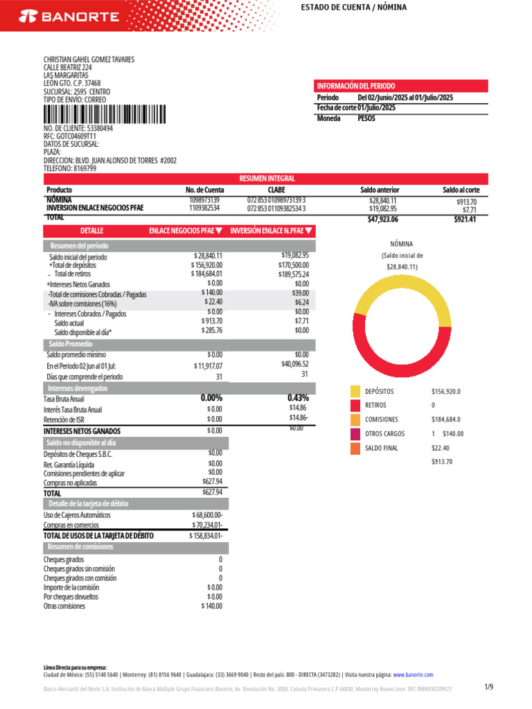 Estado de Cuenta Banorte PDF | PDF | Tarjeta de débito | Cheque