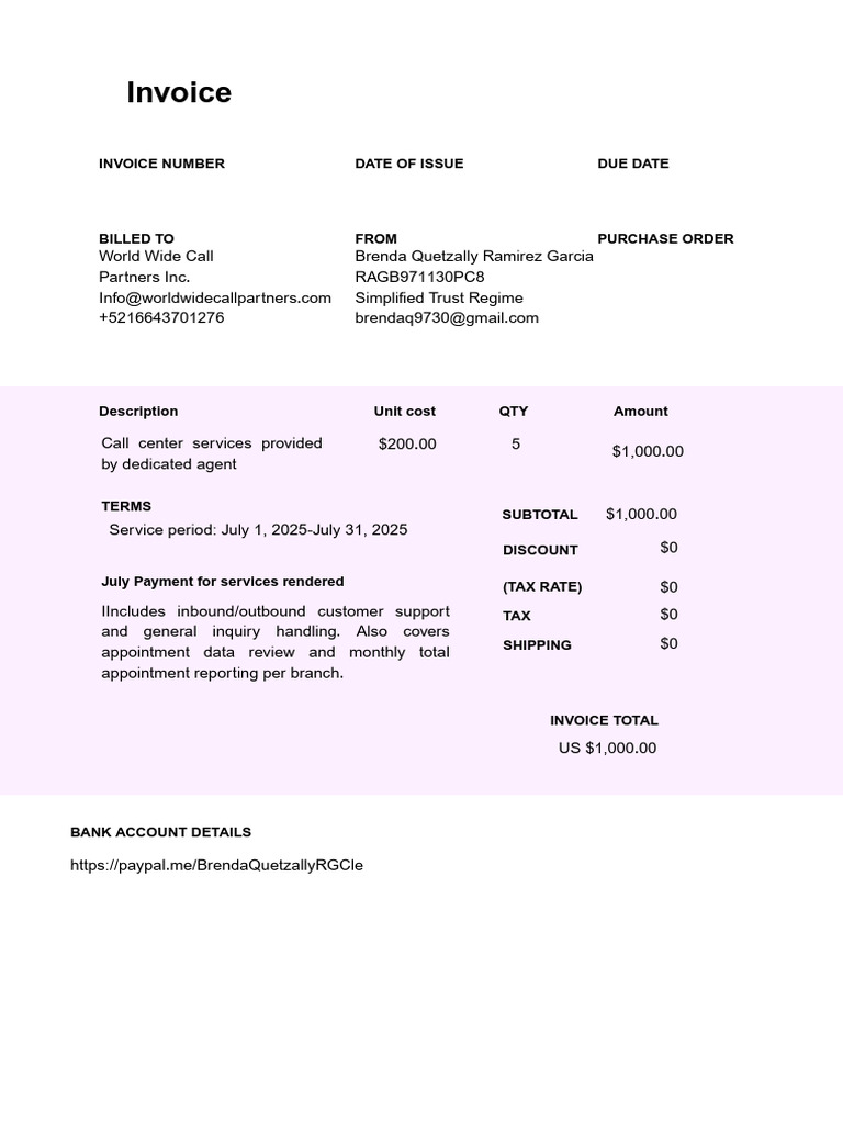 INVOICE QUETZALLY-July2025 | PDF