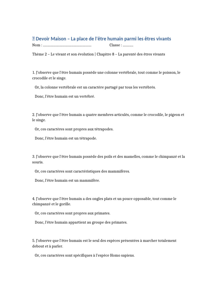Classification de l'Homme dans le Vivant | PDF