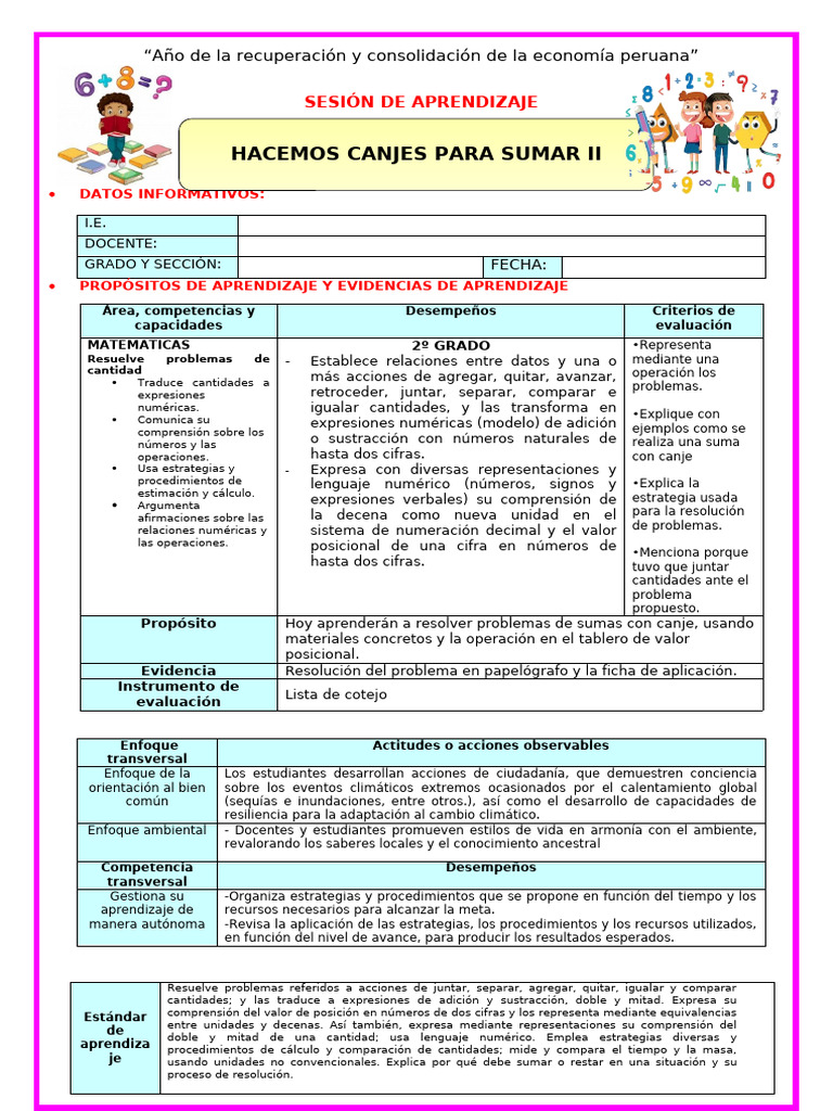 2º U5 S1 Sesion D4 Mat Hacemos Canjes para Sumar 2 | PDF | Aprendizaje ...