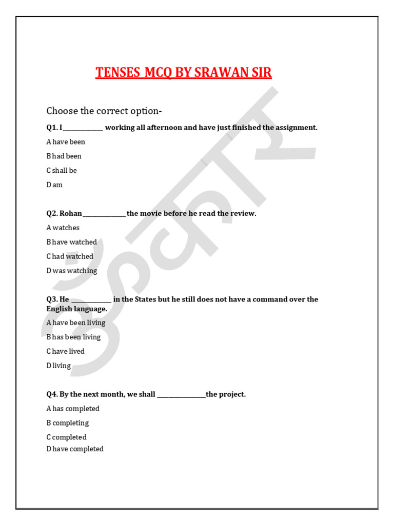 Tenses MCQ Practice Questions | PDF | Grammatical Tense | Verb