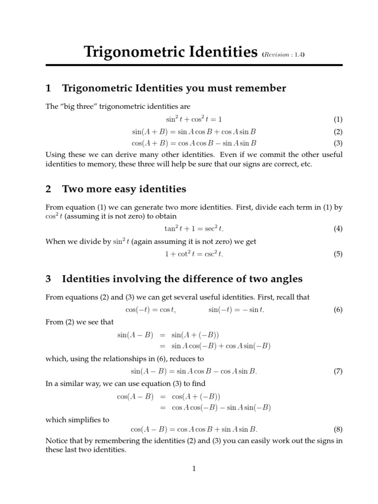 1 Trigonometric Identities You Must Remember | PDF