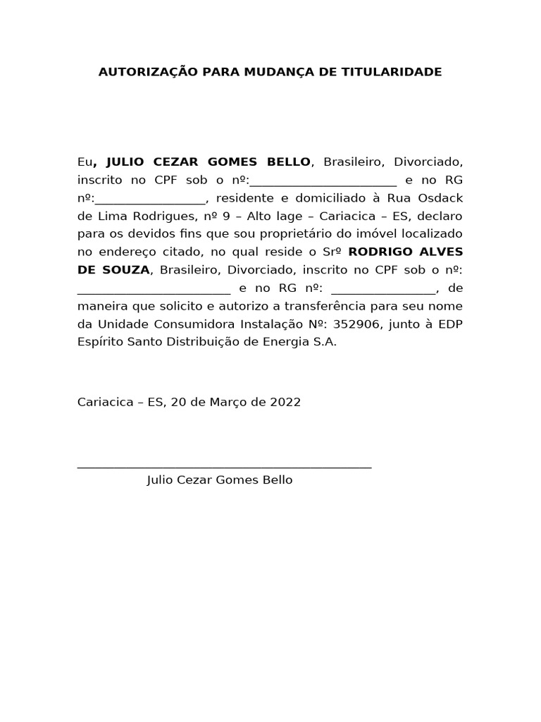 Autorização Para Mudança De Titularidade Pdf