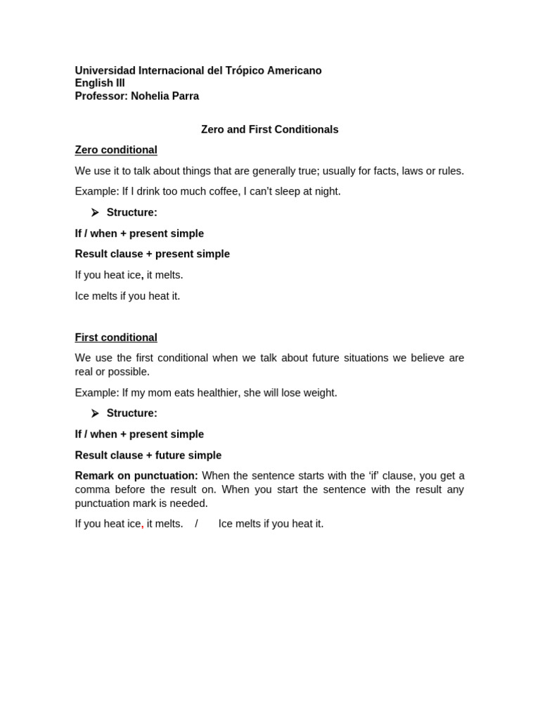 Zero and First Conditionals (Handout) | PDF