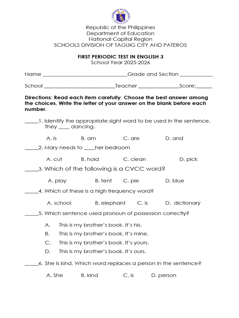 English Periodic Test for Grade 3 | PDF | Sentence (Linguistics ...