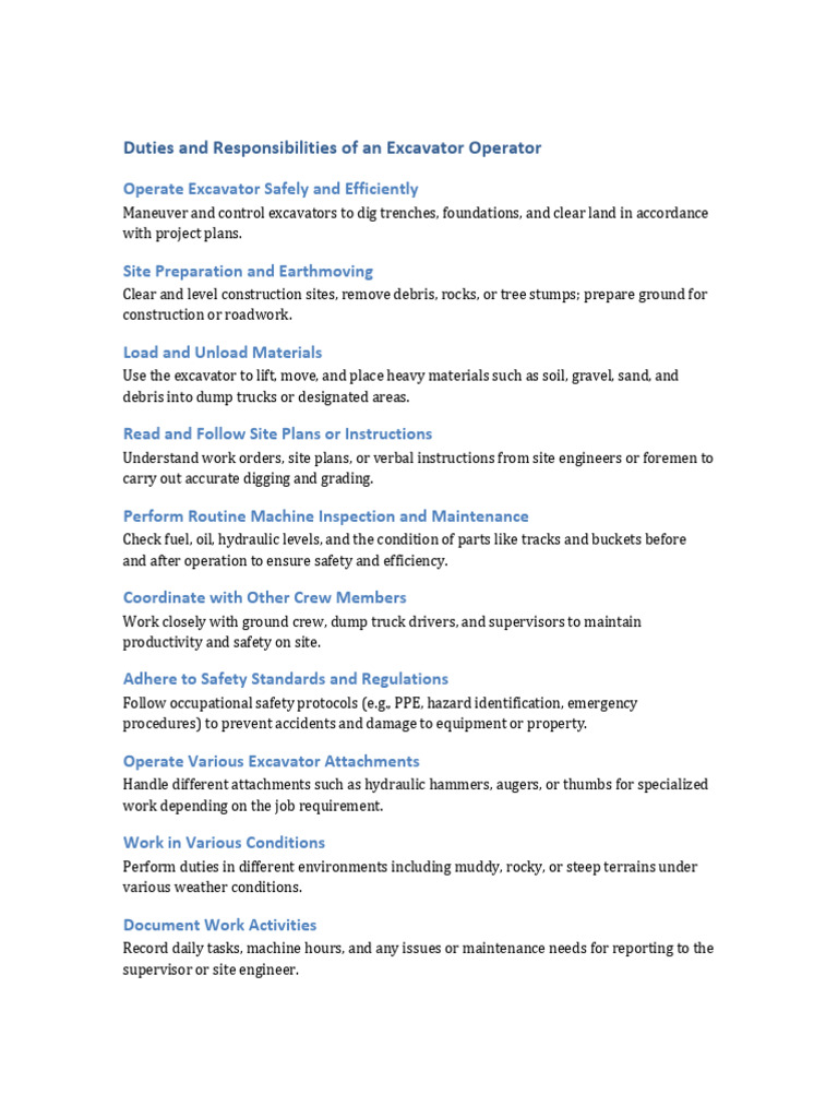 Excavator Operator Duties and Responsibilities | PDF