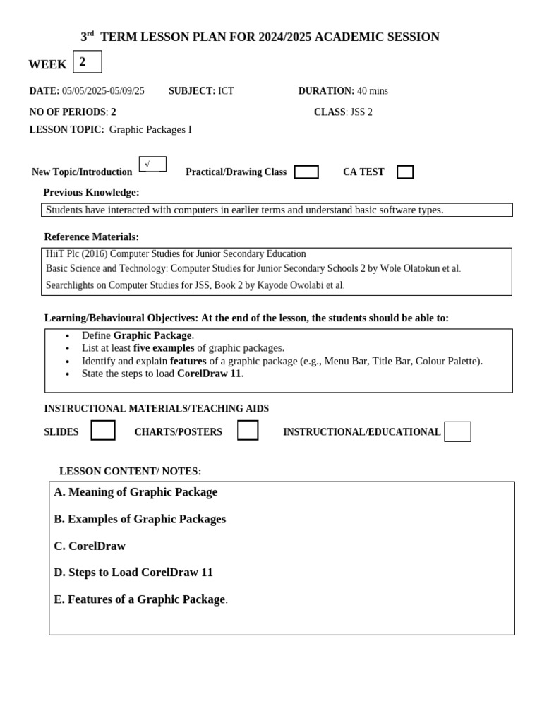 JSS 2 ICT Lesson Plan: Graphic Packages | PDF | Graphics | Icon (Computing)