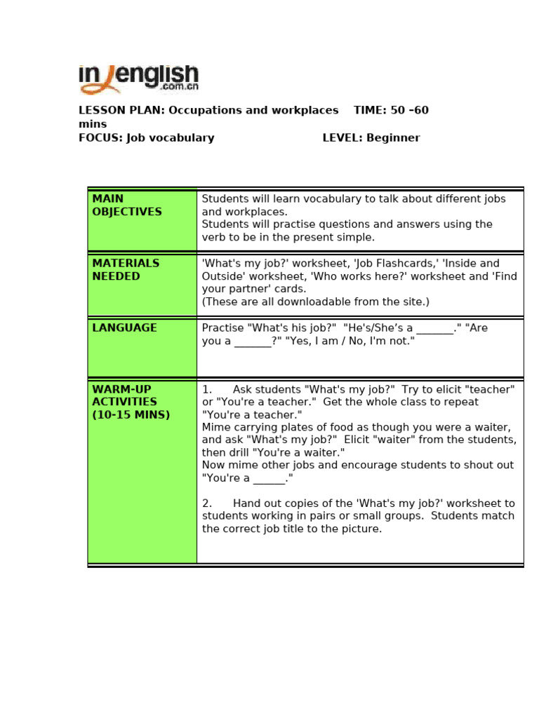 Lesson Plan Occupations and Workplaces PDF | PDF | Linguistics | Human ...