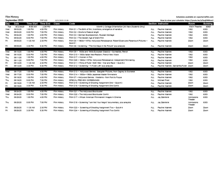 Film History Course Schedule 2025 | PDF