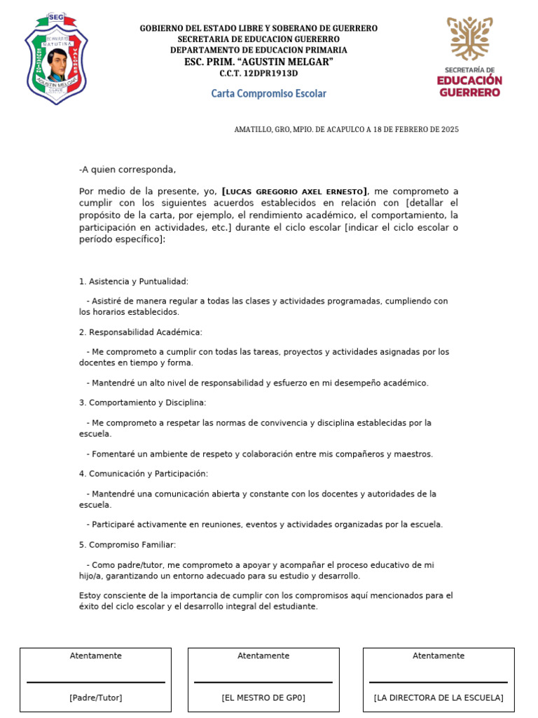 Carta Compromiso Escolar Primaria | PDF