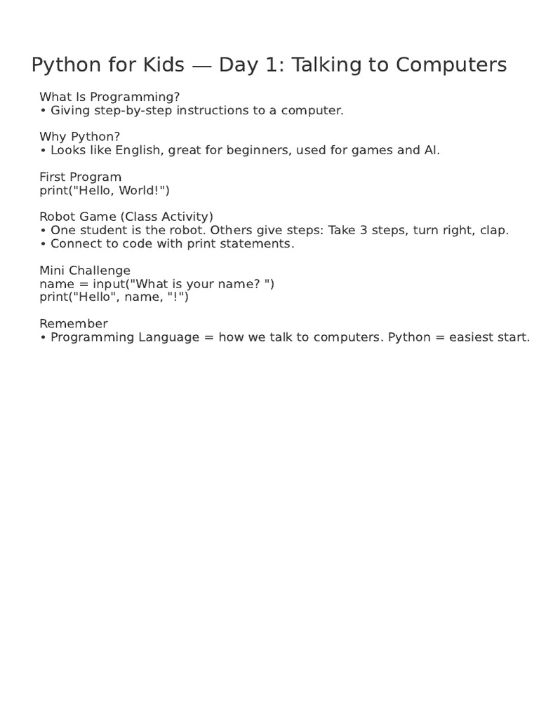 Python For Kids Day1 Talking To Computers | PDF