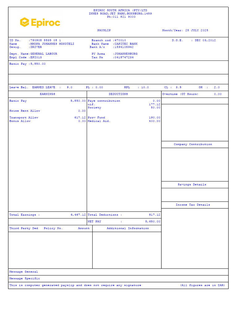 Payslip25072025.Mmopa Johannes Mokoteli | PDF