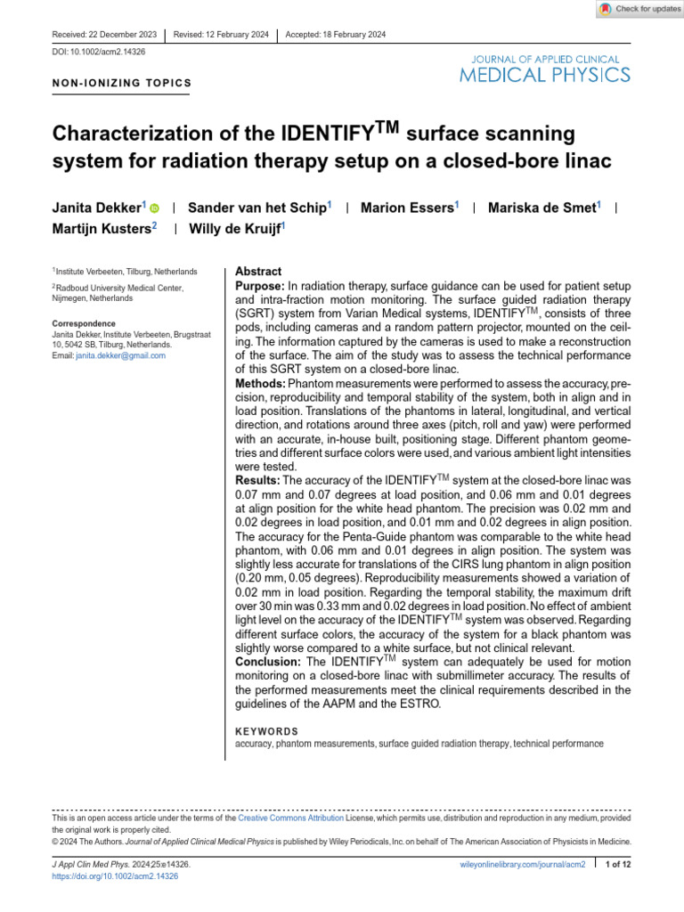 Performance of IDENTIFYTM in Radiation Therapy | PDF | Accuracy And ...