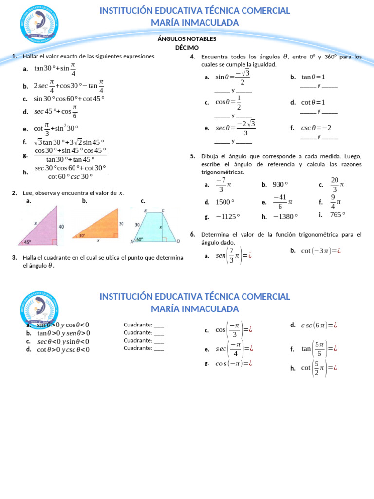 Actividad de Ángulos Notables | PDF | Funciones trigonométricas ...