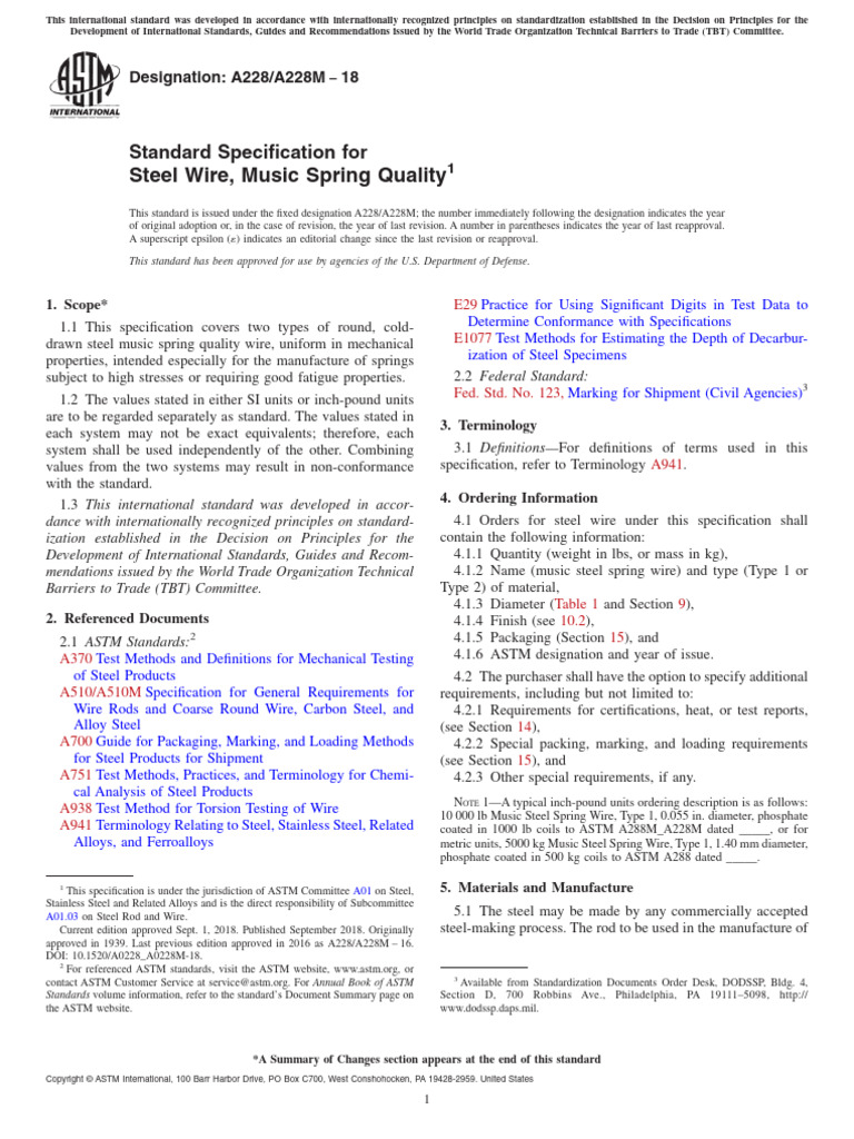 ASTM A228 Music Spring Steel Wire | PDF | Specification (Technical ...