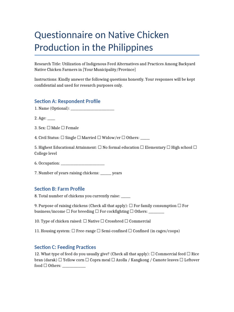 Native Chicken Production Questionnaire | PDF