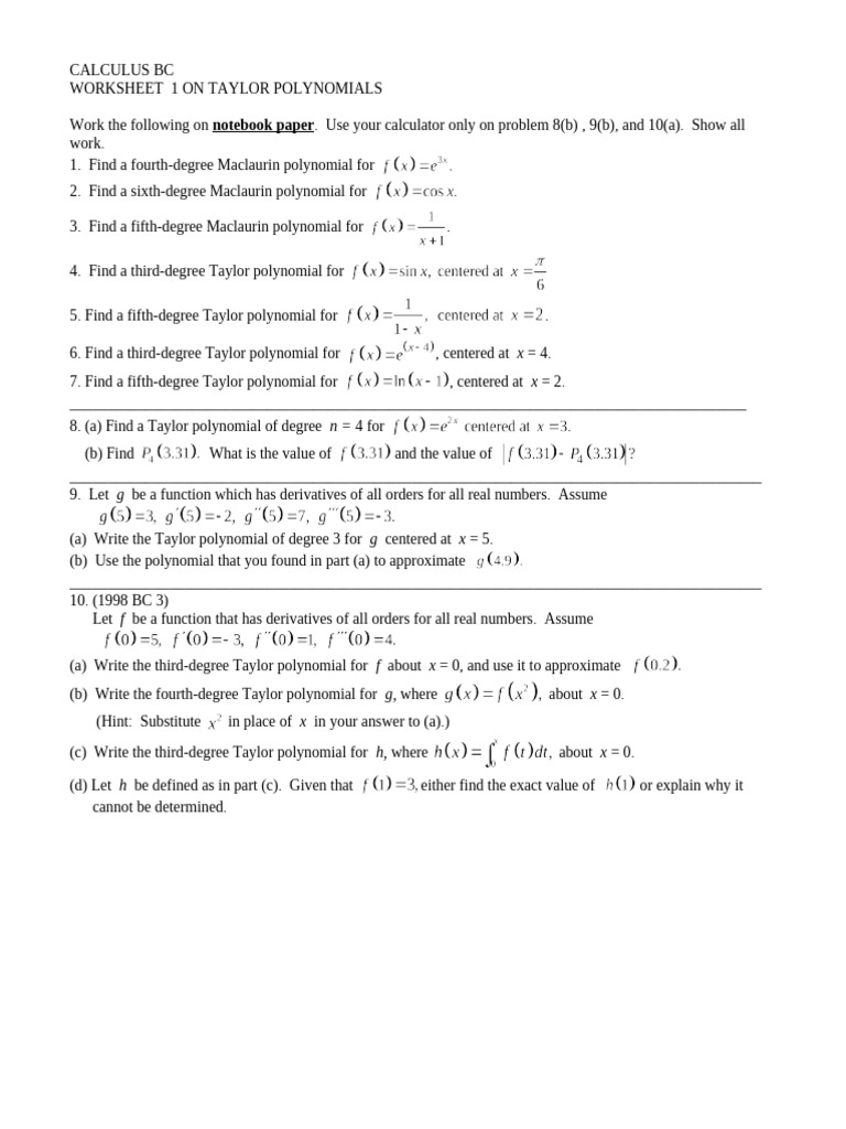 taylor_polynomial_worksheets_and sol | PDF | Power Series | Mathematical Concepts