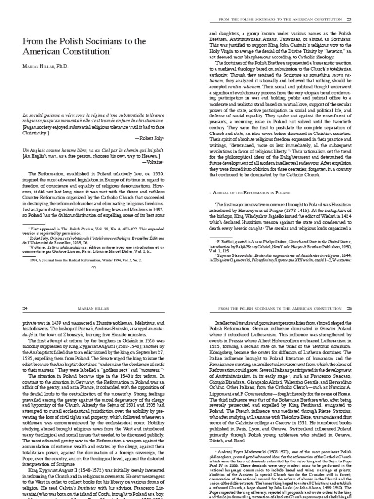 Hillar - From Polish Socinians To American Constitution (1994) | PDF ...