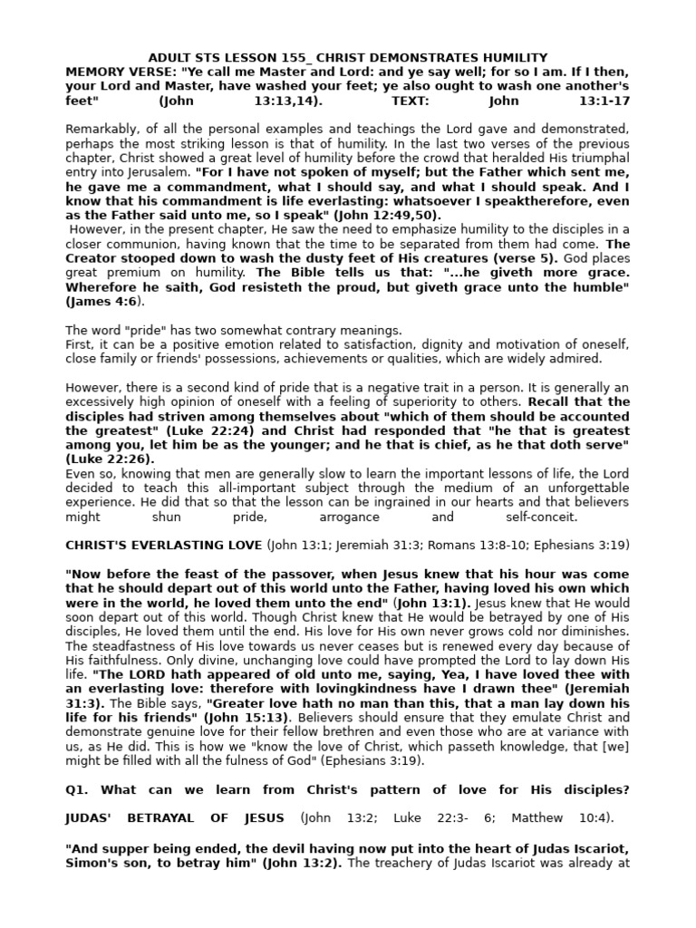 Adult Sts Lesson 155 - Christ Demonstrates Humility - Summary | PDF ...