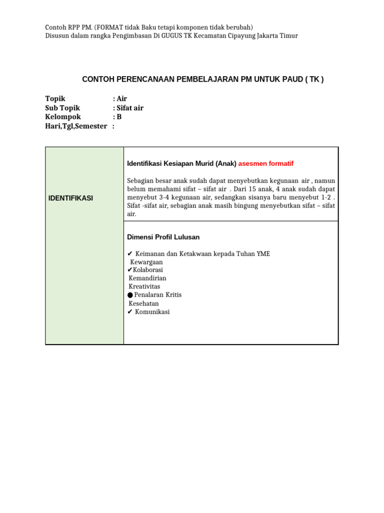 RPP Pembelajaran Sifat Air untuk PAUD | PDF