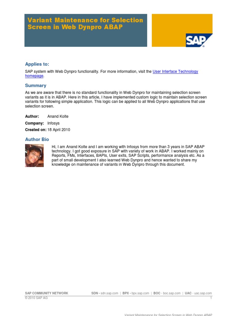 Variant Maintenance For Selection Screen in Web Dynpro ABAP | PDF ...