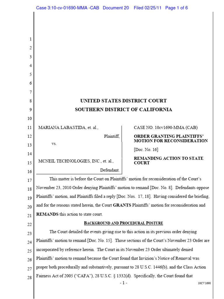 Reconsideration of Remand Order in CAFA Case | PDF | Amount In ...
